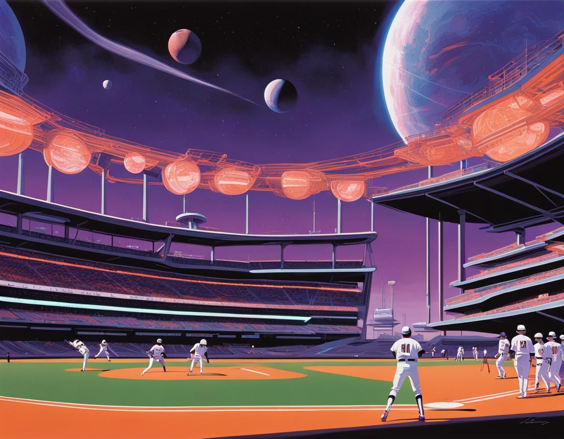 16k resolution, art by Syd Mead, Yoko Honda, Cosmic baseball stadium ...