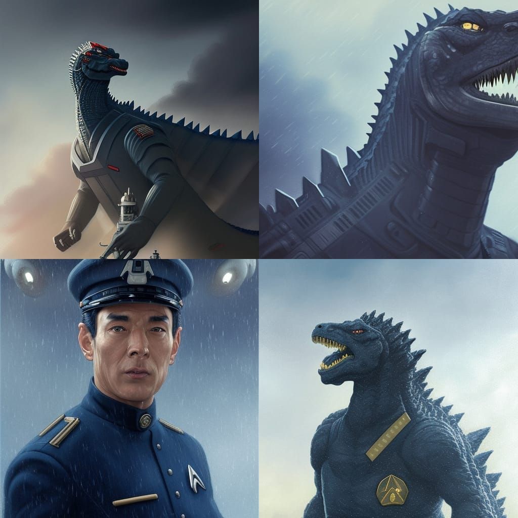 Godzilla in a navy uniform standing on the bridge of the enterprise ...