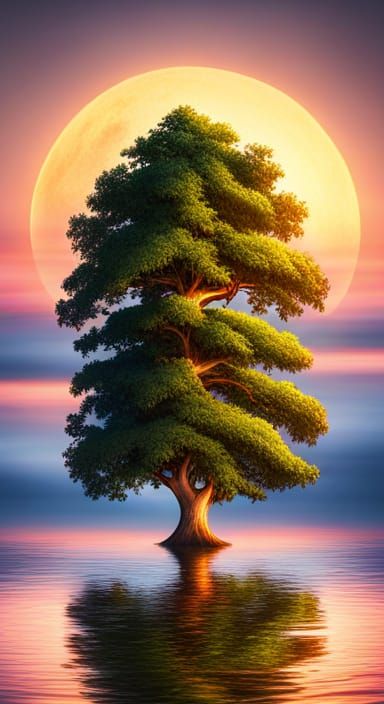 Forever tree reflection at sunset photorealistic intricately detailed ...
