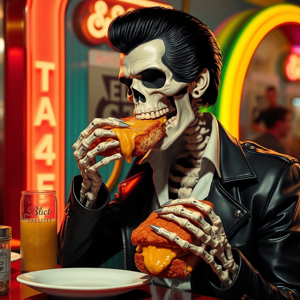 SKELETON Elvis Presley eat a fried peanut butter and banana sandwich at ...
