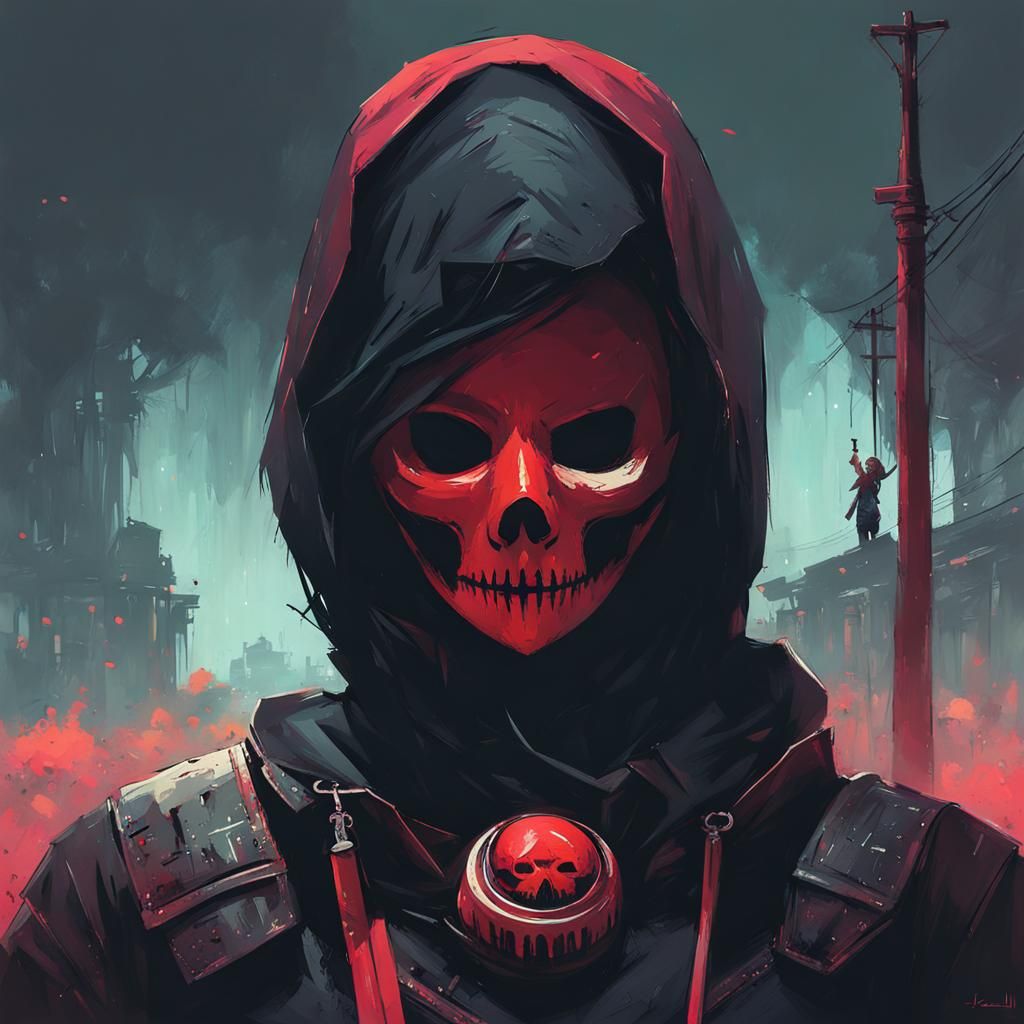 Girl with Death Mask (She Plays Alone) in the style of Ismail Inceoglu ...