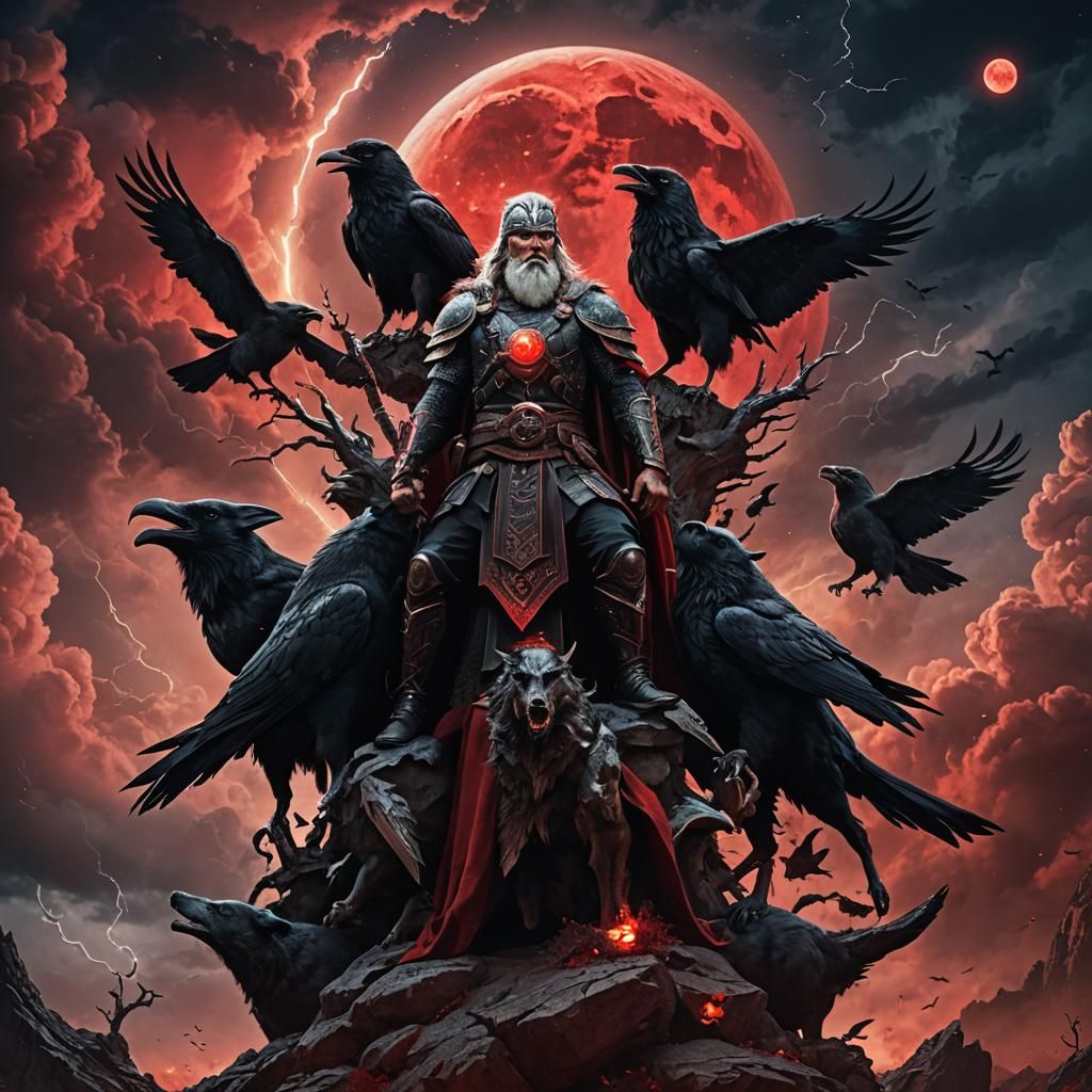 Odin with Ravens and Wolves Against Red Moon - AI Art