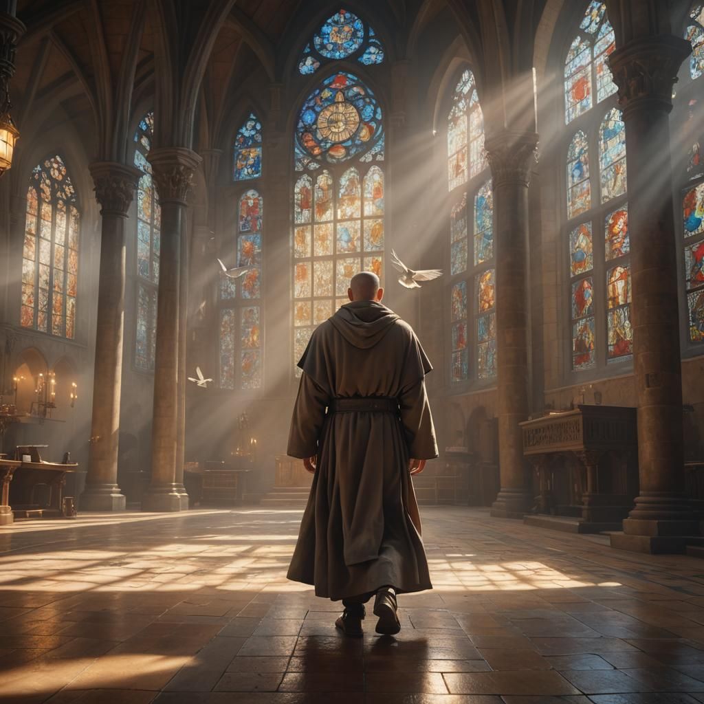 Medieval monk walking through a huge chapel with rays of sunlight ...