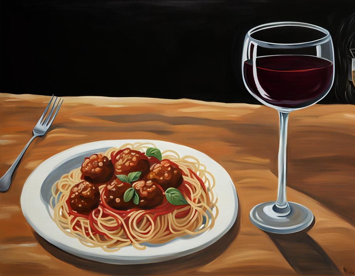 Painting of Spaghetti dinner, spaghetti and meatballs, glass of red ...