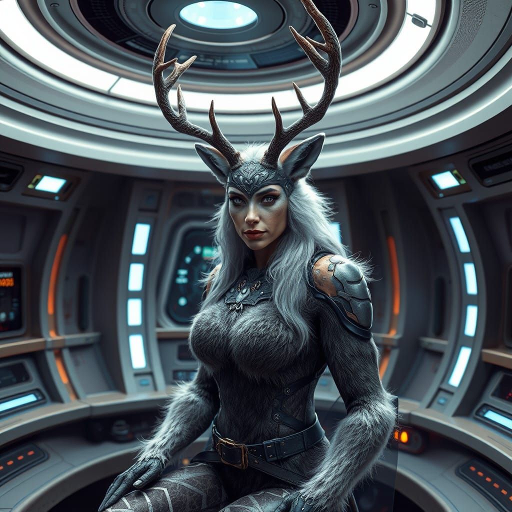Humanoid Reindeer Woman Commands Sci-Fi Starship B... - AI Art
