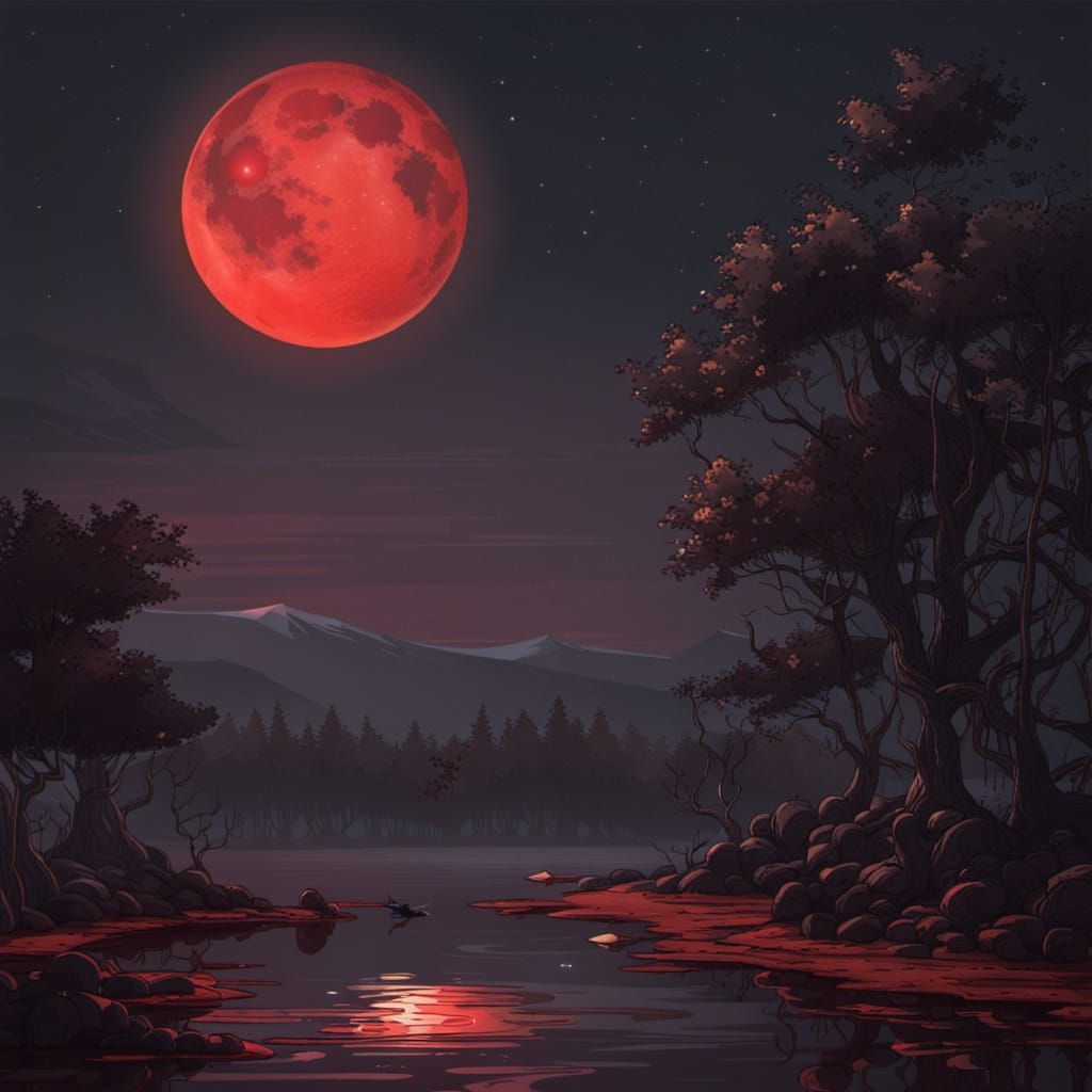 Blood Moon Rising Over Dark Forest - AI Art