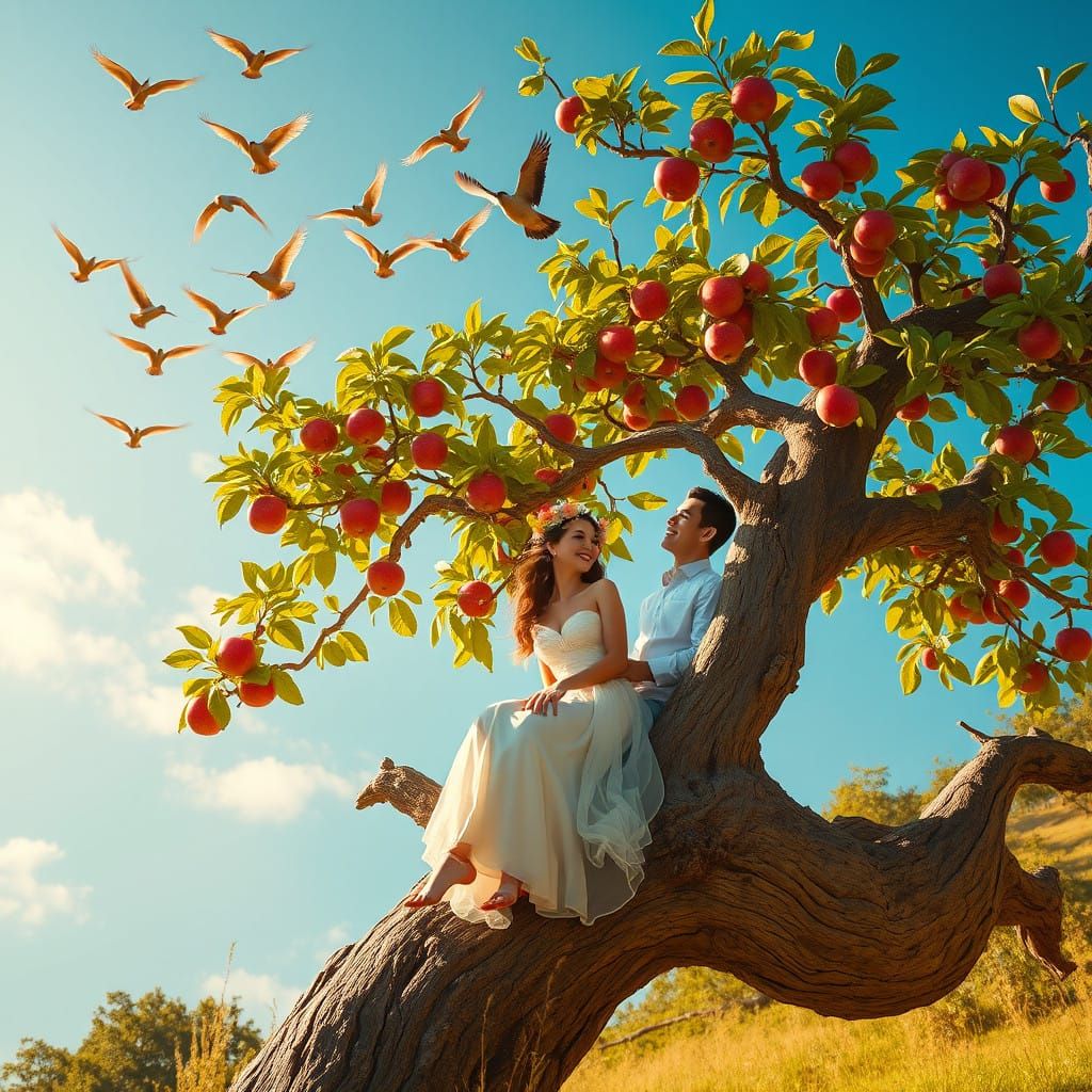 Romantic Apple Tree Scene with Birds in the Sky - AI Art