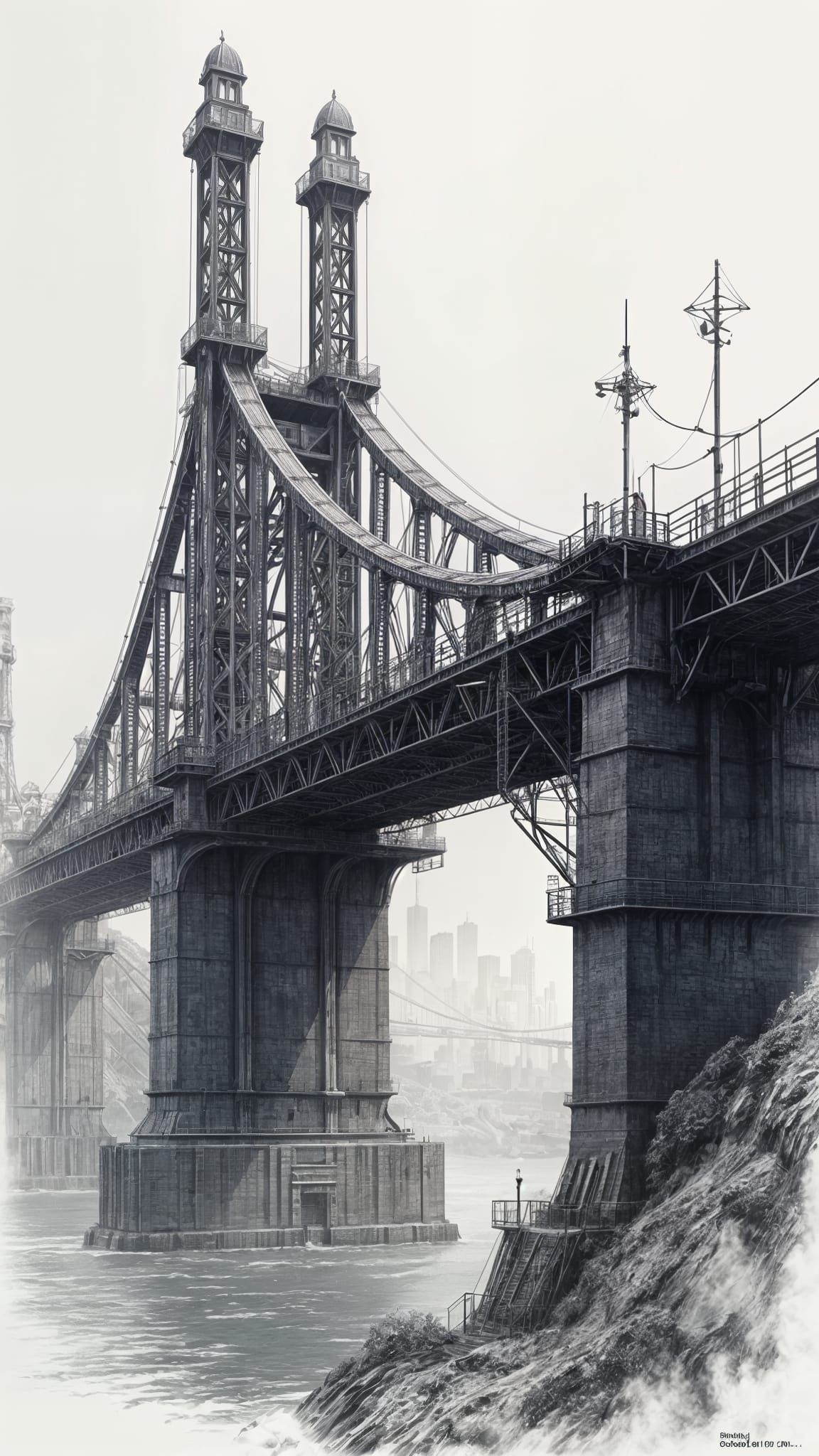 Abstract industrial iron bridge sci-fi engineering drawing