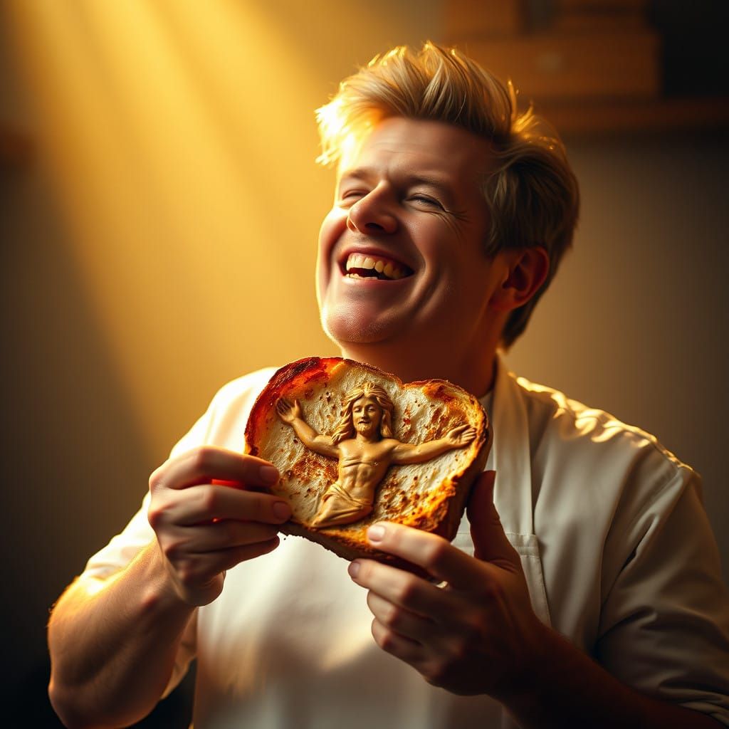 Gordon Ramsay smiles as he eats a piece of toast shaped like Jesus Christ