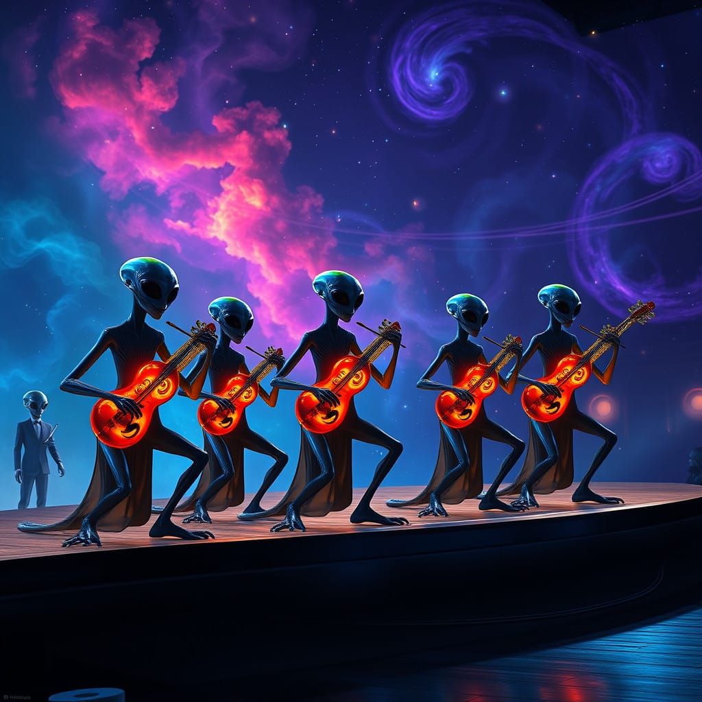 Orchestra of aliens playing alien bass violins