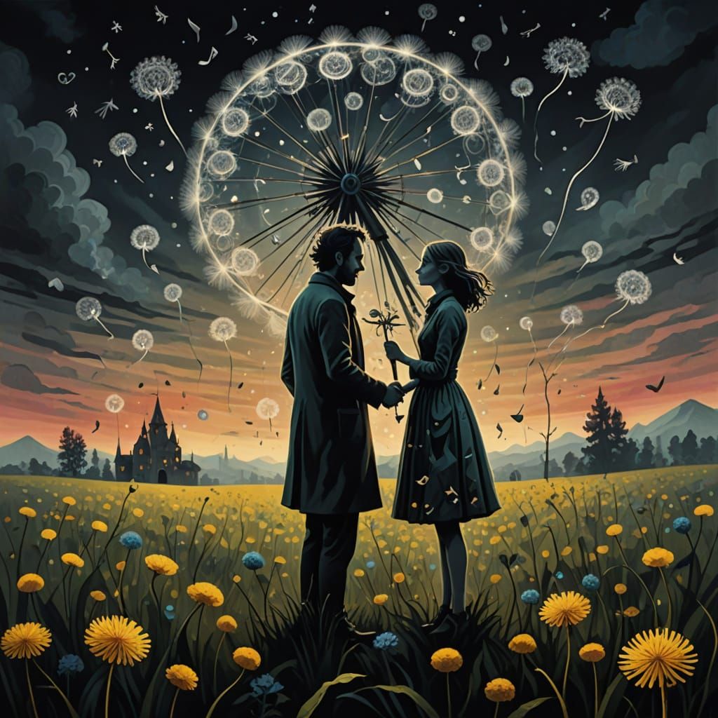 Couple in a Million Dandelion dreamscape, making wishes , Salvador Dali ...
