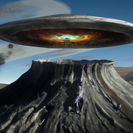 a painting of a flying saucer destroyed by an erupting volcano, a ...