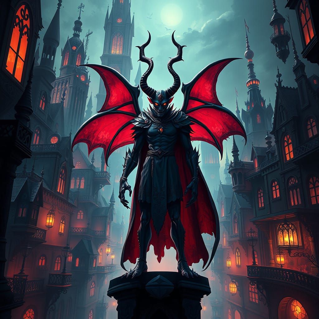 Gothic Prince in a Whimsical Nightmare Cityscape -... - AI Art