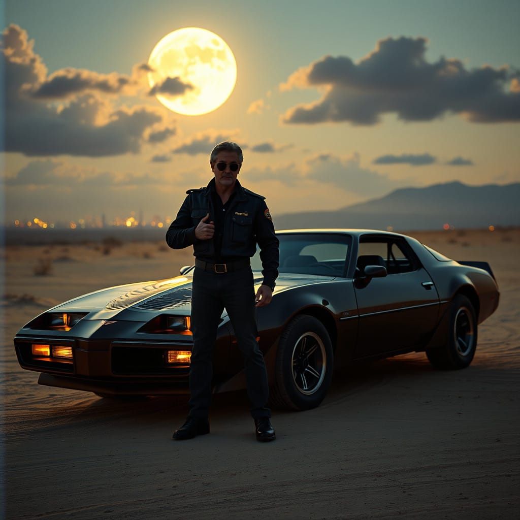 Heroic Knight Rides Beside Futuristic KITT in Dese... - AI Art