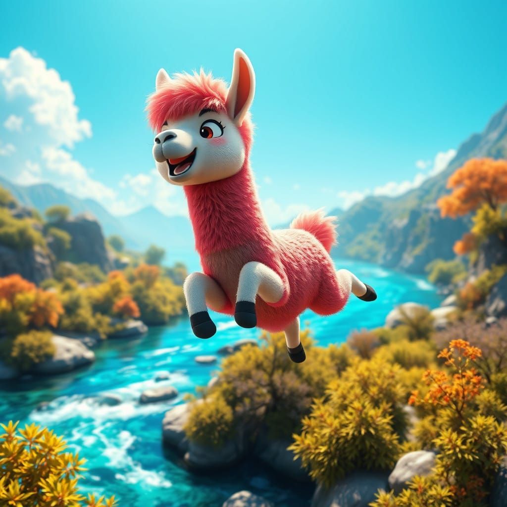 Vibrant Llama Leaps Over a Crystal-Clear River in ... - AI Art