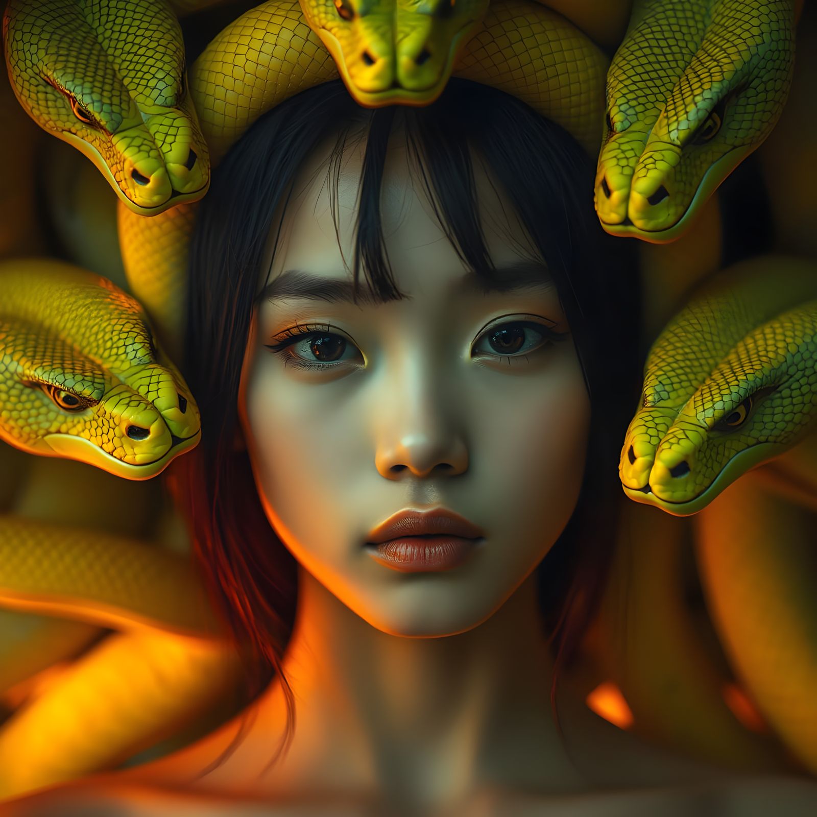 Ethereal Girl Surrounded by Mystical Snake Faces i... - AI Art