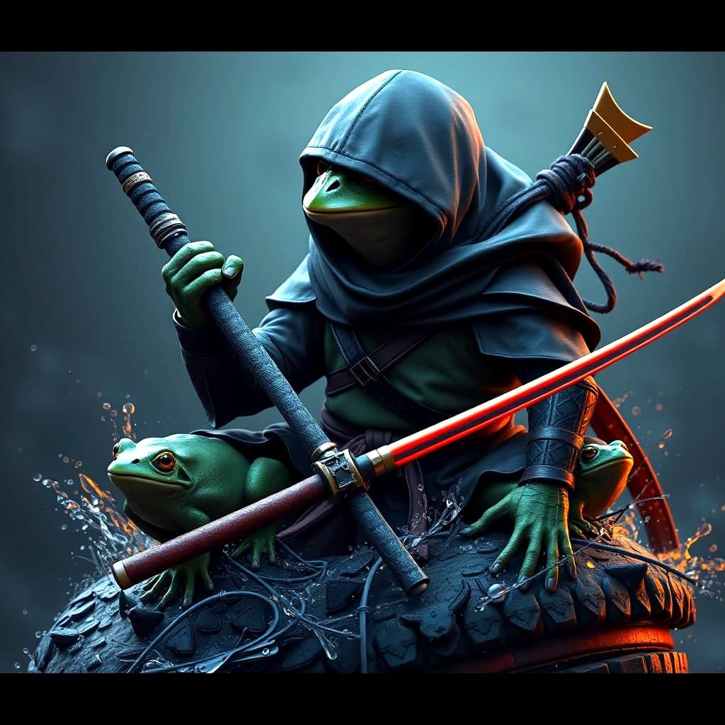 Ethereal Ninja Frog Samurai in Deep Fantasy Realm - AI Art