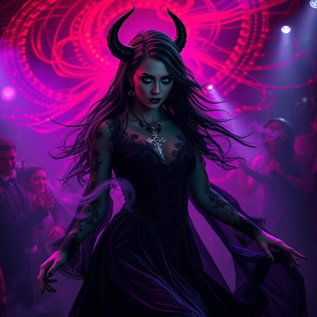 Gothic Lady Raves in Dark, Opulent Nightclub Scene - AI Art