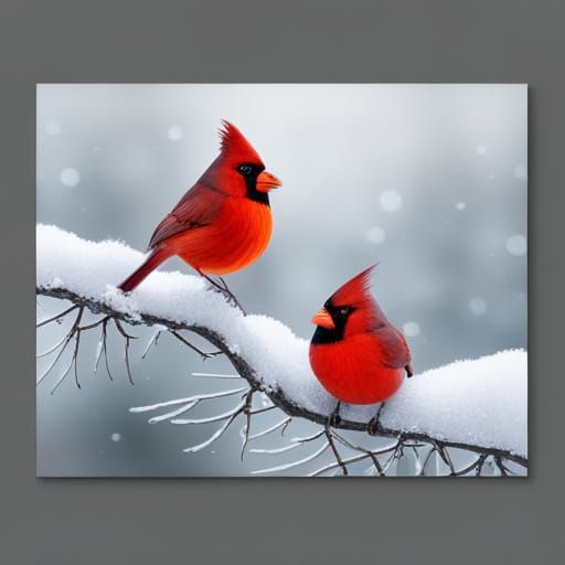 2 beautiful cardinals upon a snow covered tree branch - AI Generated ...