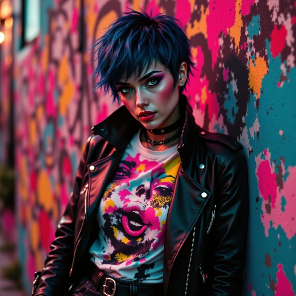 Woman in Neon Graffiti with Leather Jacket and Sha... - AI Art