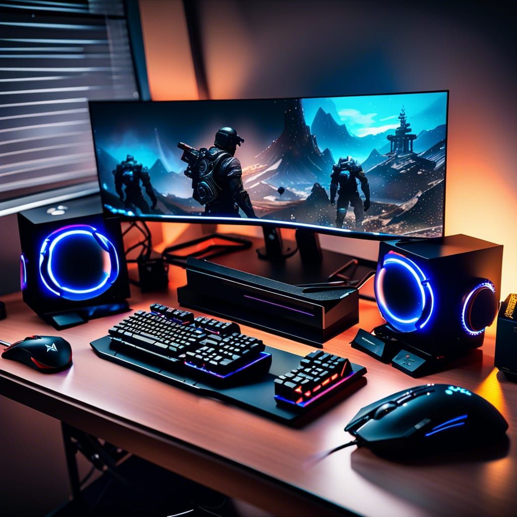 Gaming set up whith a gaming pc led lights monitors gaming keyboard ...