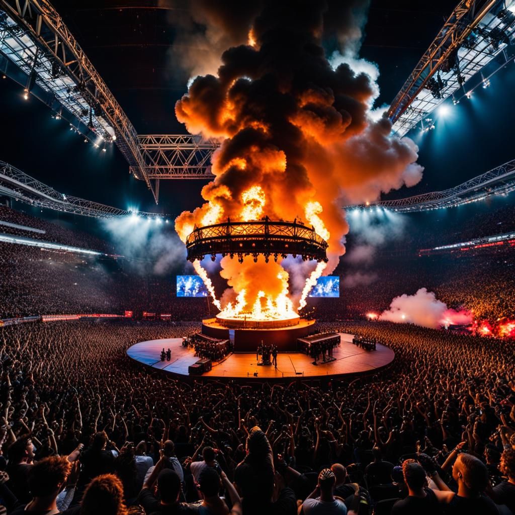 Metal concert with a lot of fire everywhere on stage, flame-throwers ...