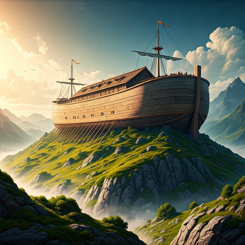 Majestic Noah's Ark Amidst Towering Peaks - AI Art