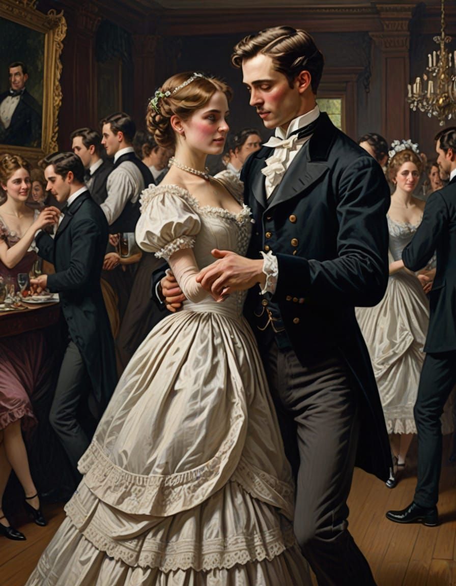 Victorian Era Couple Dances in Elegant Attire - AI Art