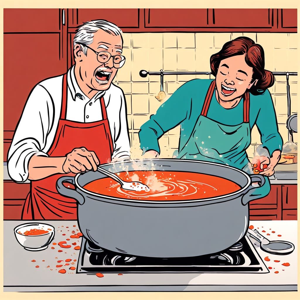the father cooking tomato soup with his daughter but too much pepper in ...