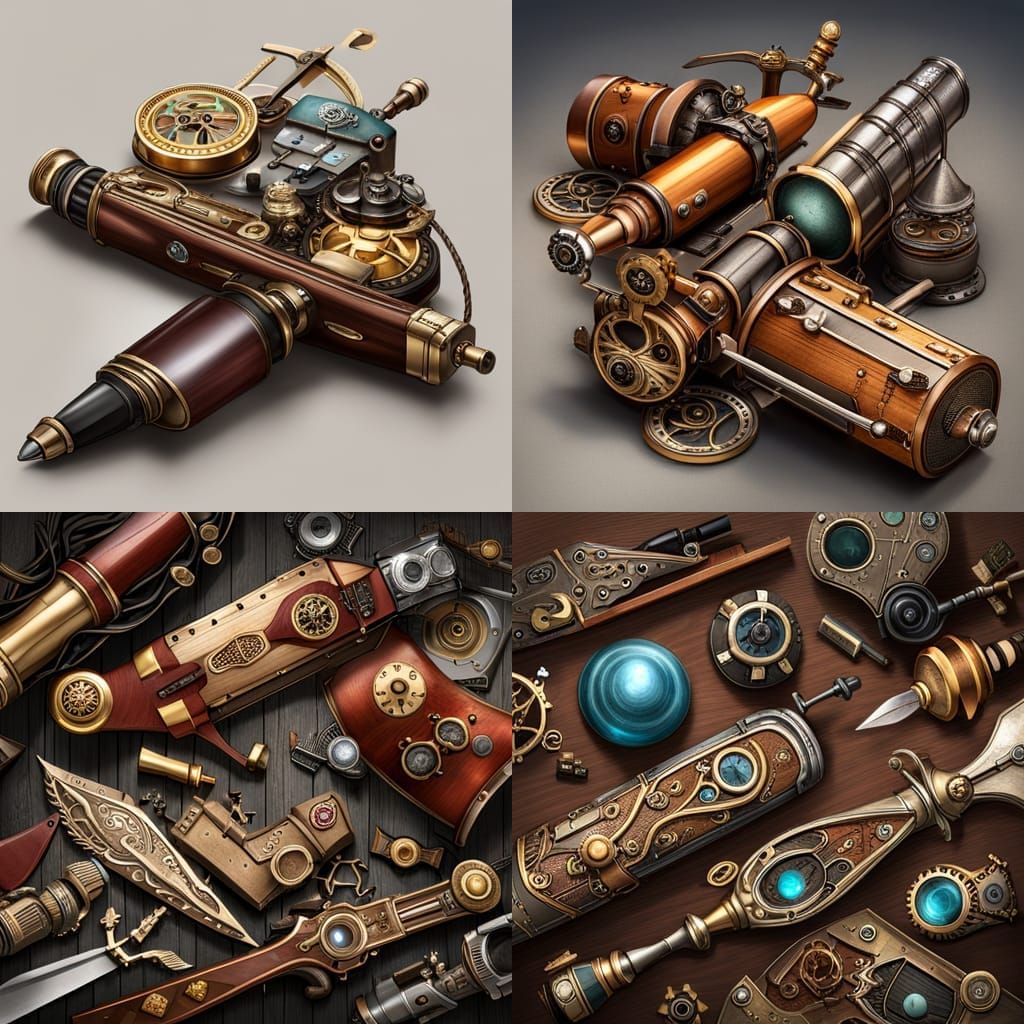 A collection of small, intricate, detailed, complex, whimsical fantasy ...