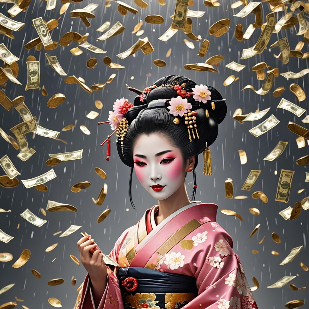 Raining money on a beautiful happy geisha - AI Generated Artwork ...
