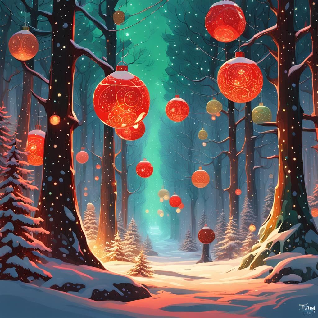 Enchanted Christmas Forest in Vibrant, Dreamlike Q... - AI Art