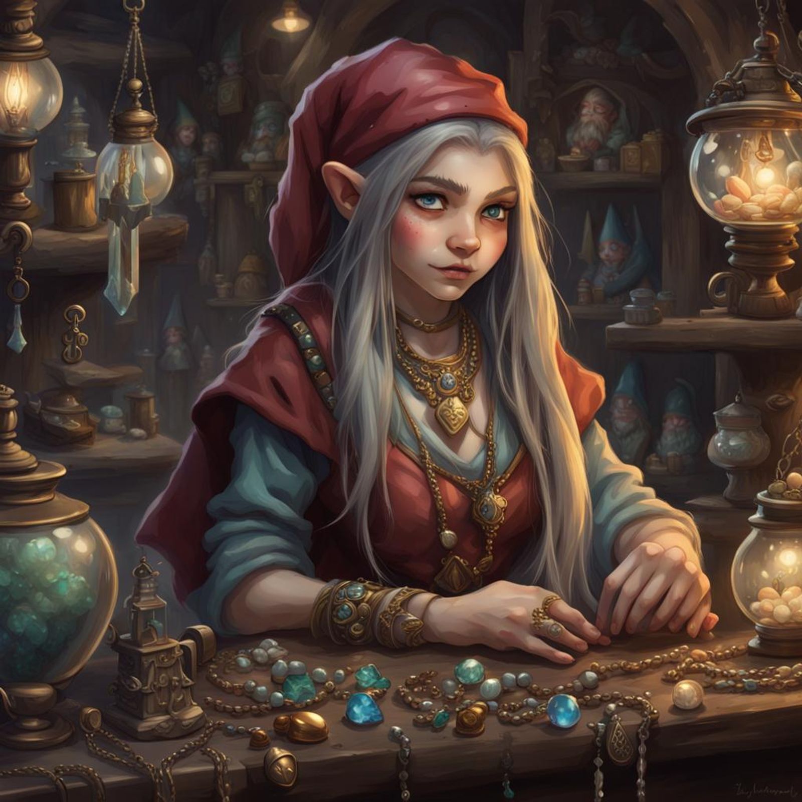 Female gnome, DnD illusionist, gnome busy in small pawn shop, fantasy ...