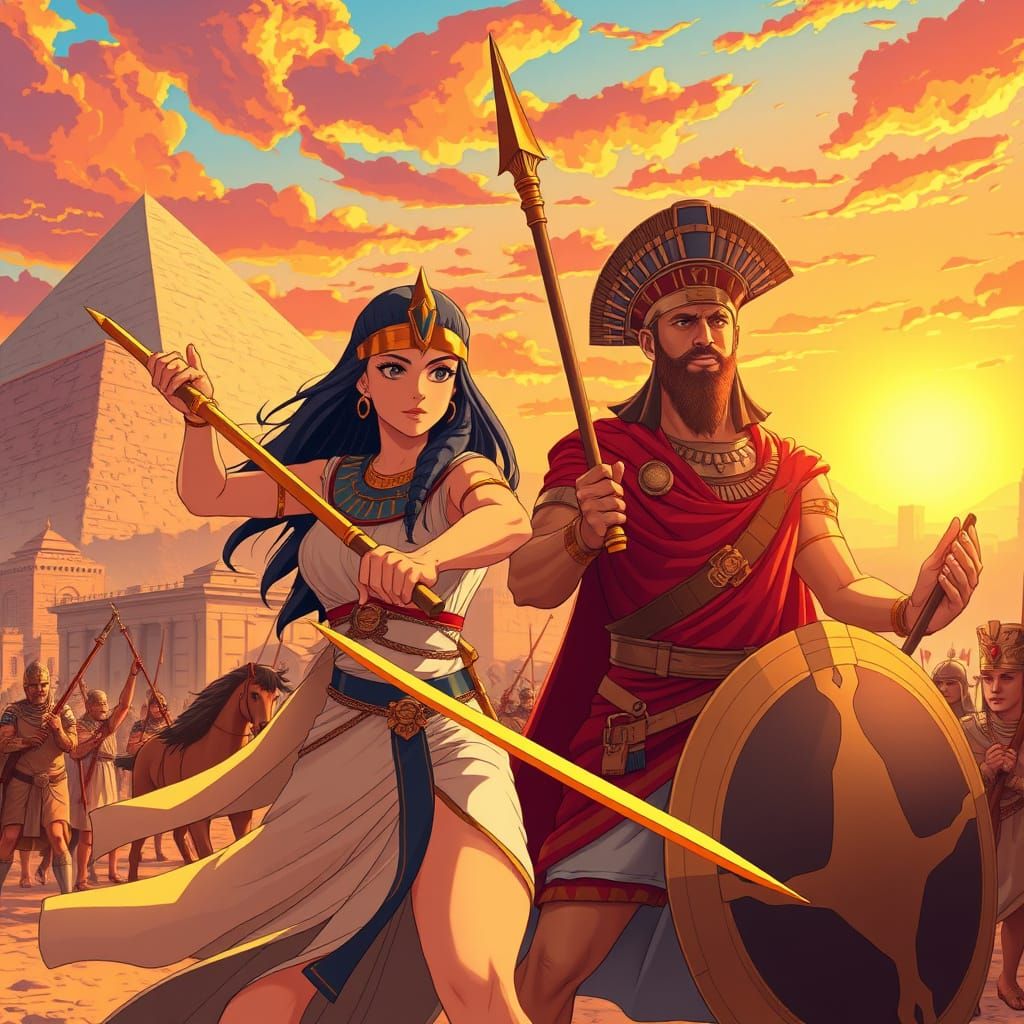 Anime-Style Egyptian Queen Battles Roman Emperor i... - AI Art