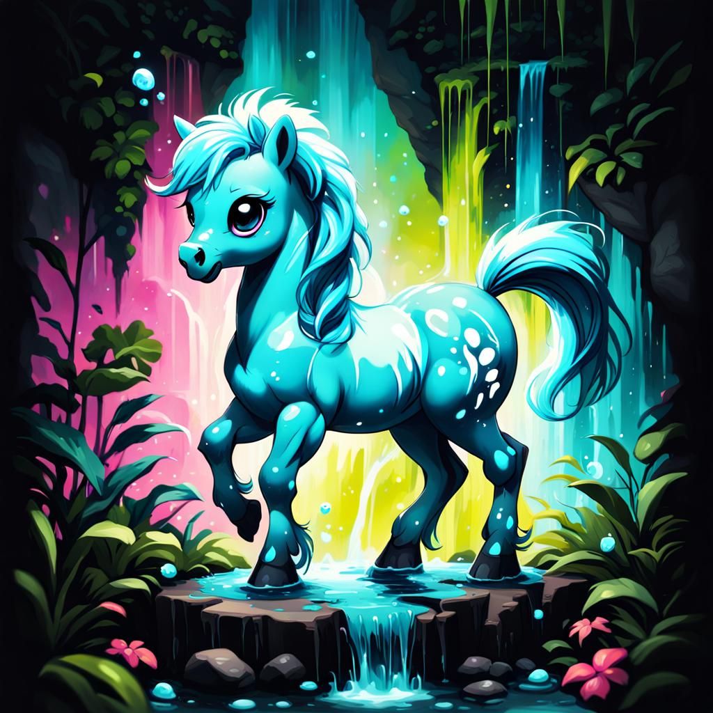 adorable cute chibi baby furry pony with a bioluminescent Waterfall in ...