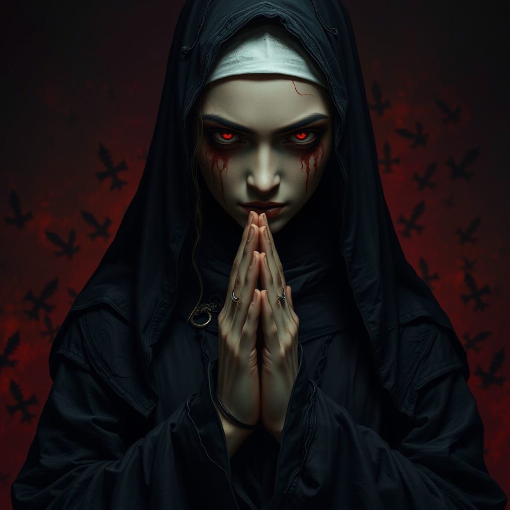 Solemn Dark Nun in Tattered Black Robes with Bleed... - AI Art