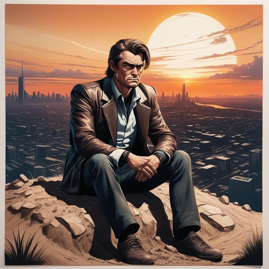 A Grumpy handsome man sitting on a dirt mound, stunning sunset ...