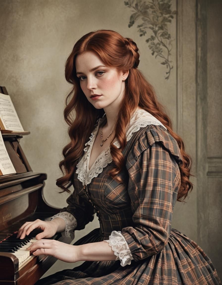 A beautiful curvy young Victorian woman with auburn hair in a plaid ...