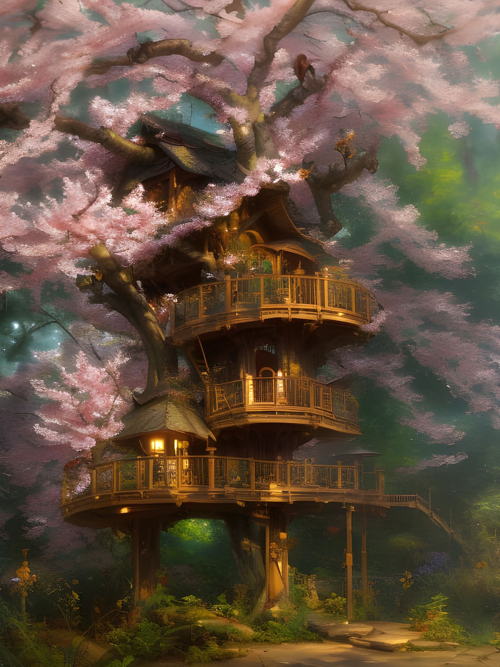 Cherry Blossom Treehouse V1 - AI Generated Artwork - NightCafe Creator