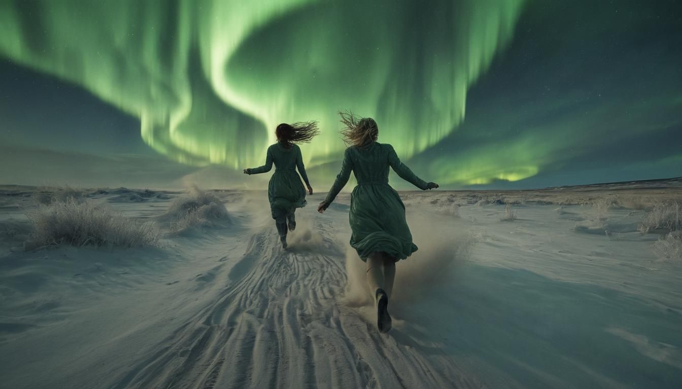 Surreal Landscape with Woman Running Amidst Northe... - AI Art