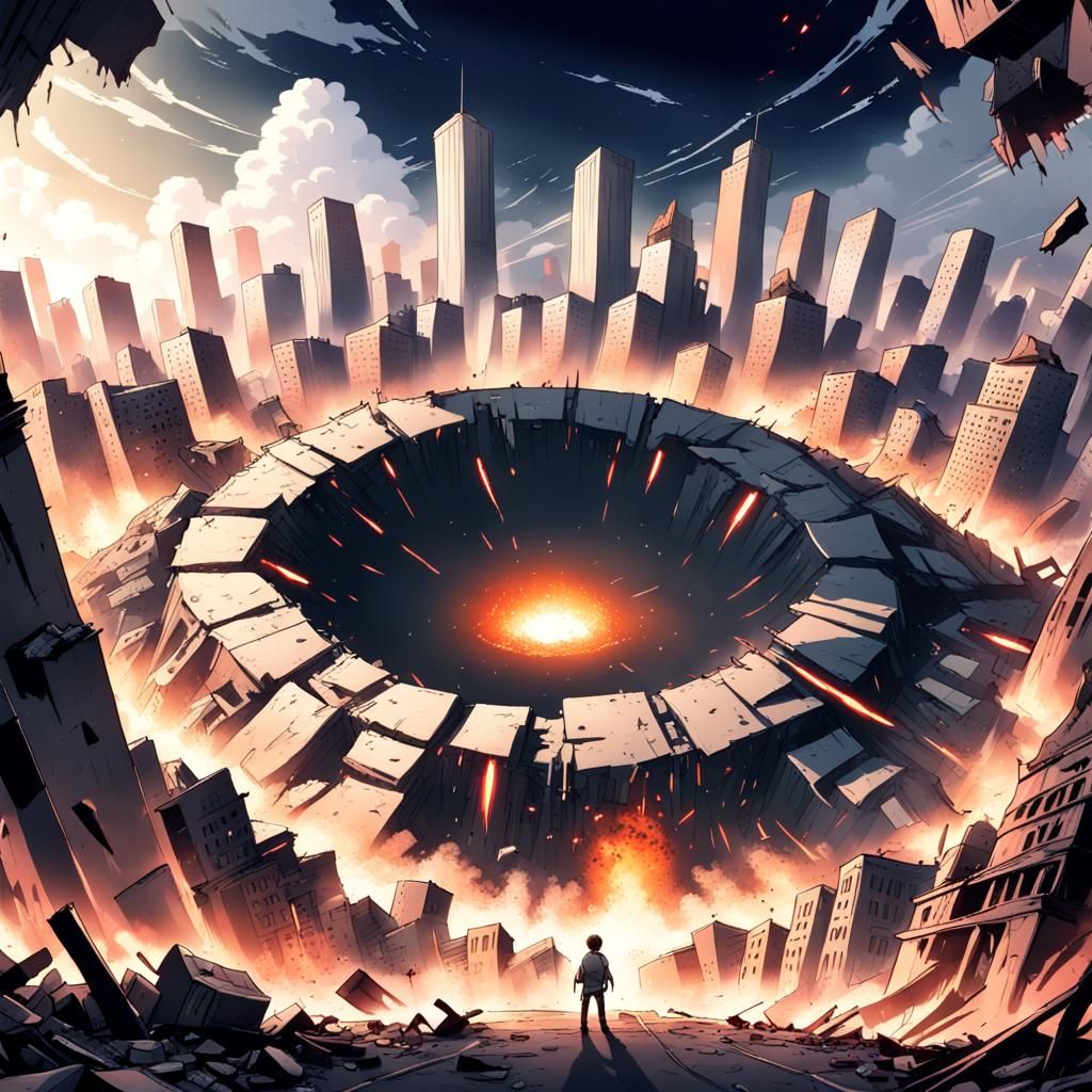 Destroyed city with a large crater in the center, buildings made of ...