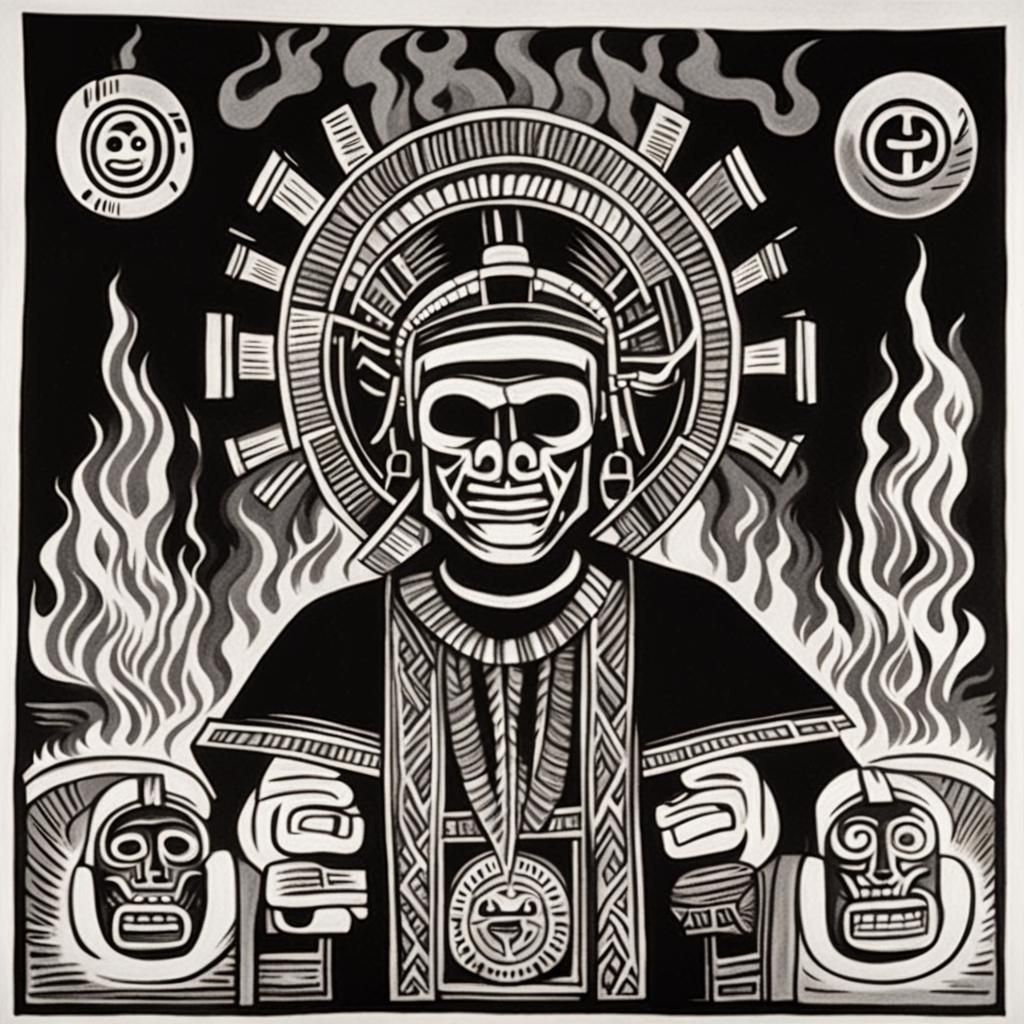An Aztec priest wears a Xiuhtecuhtli mask , surrounded by smoke and ...
