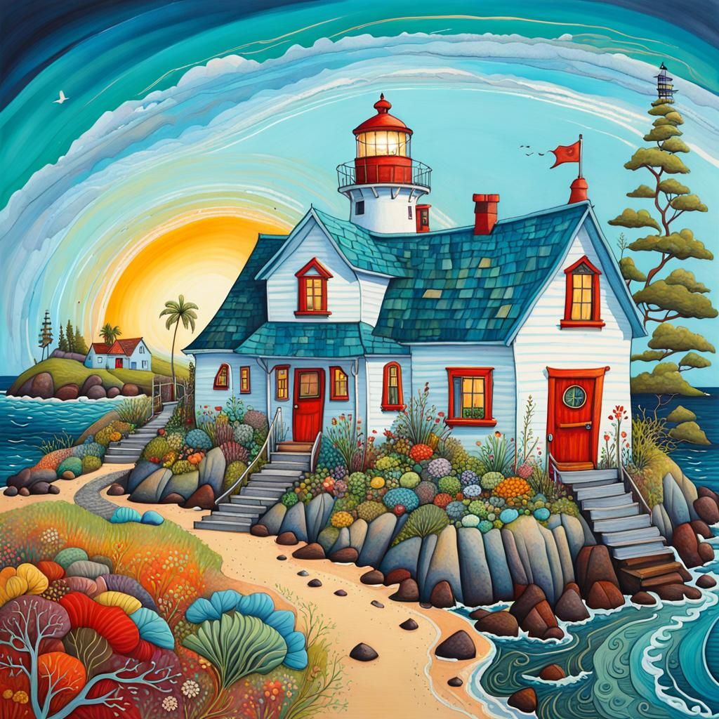 Whimsical Lighthouse on a Vibrant Island in Storyb... - AI Art