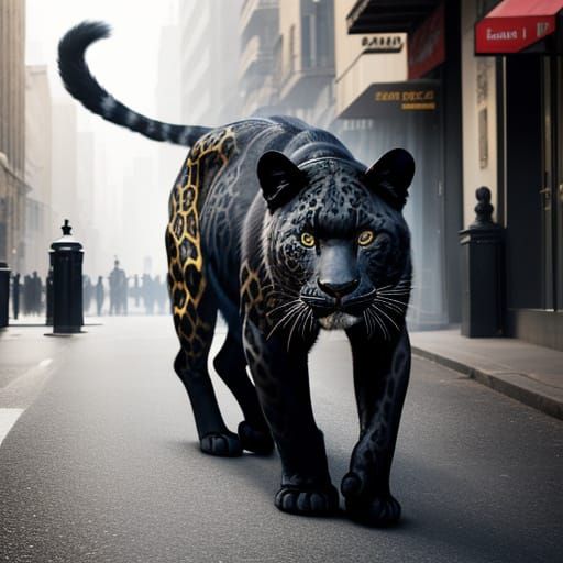 Majestic Black Leopard Stalks Urban Jungle in Hype... - AI Art