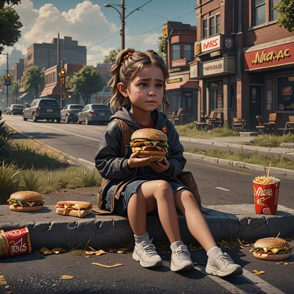 short stubby young girld sitting on the side of the road eating big ...