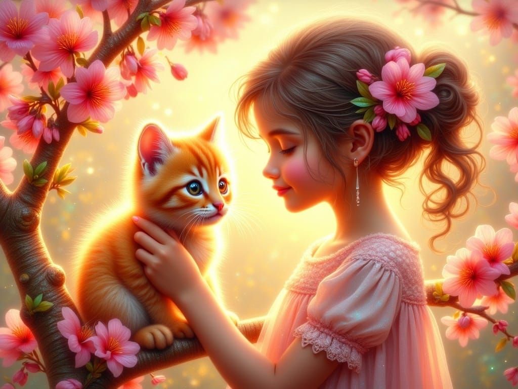 Fantasy Glow Kitty and Girl - Whimsical Springtime Moment in...
