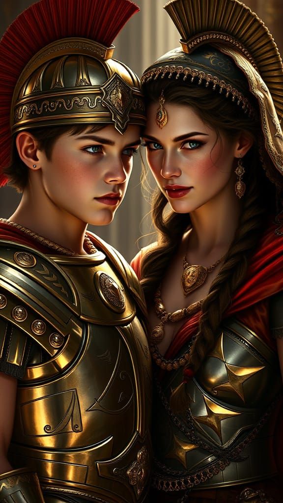 Young Alexander in Regal Macedonian Armor, Surroun... - AI Art