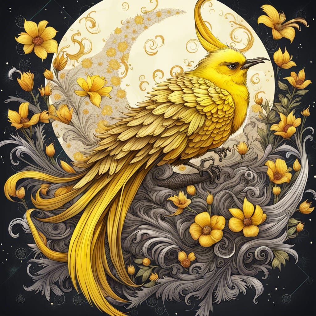 Amazing epic yellow bird with long flowing tail on crescent of flowers ...