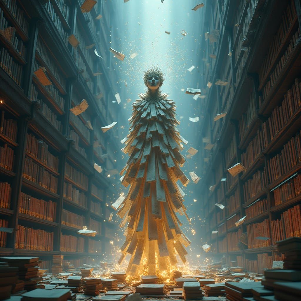 Ethereal Book Page Guardian in Infinite Library - AI Art