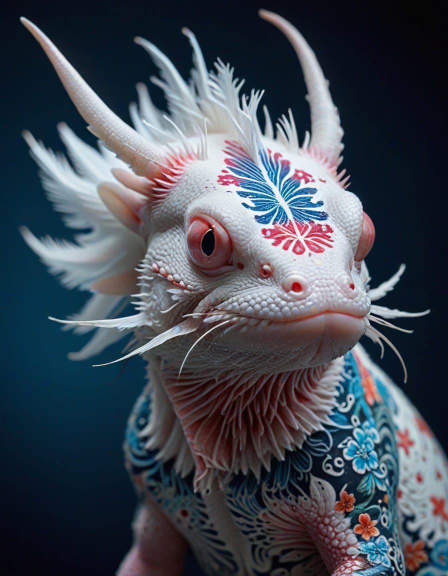 albino axolotl - Vibrant Axolotl Portrait in Intricate Japan...